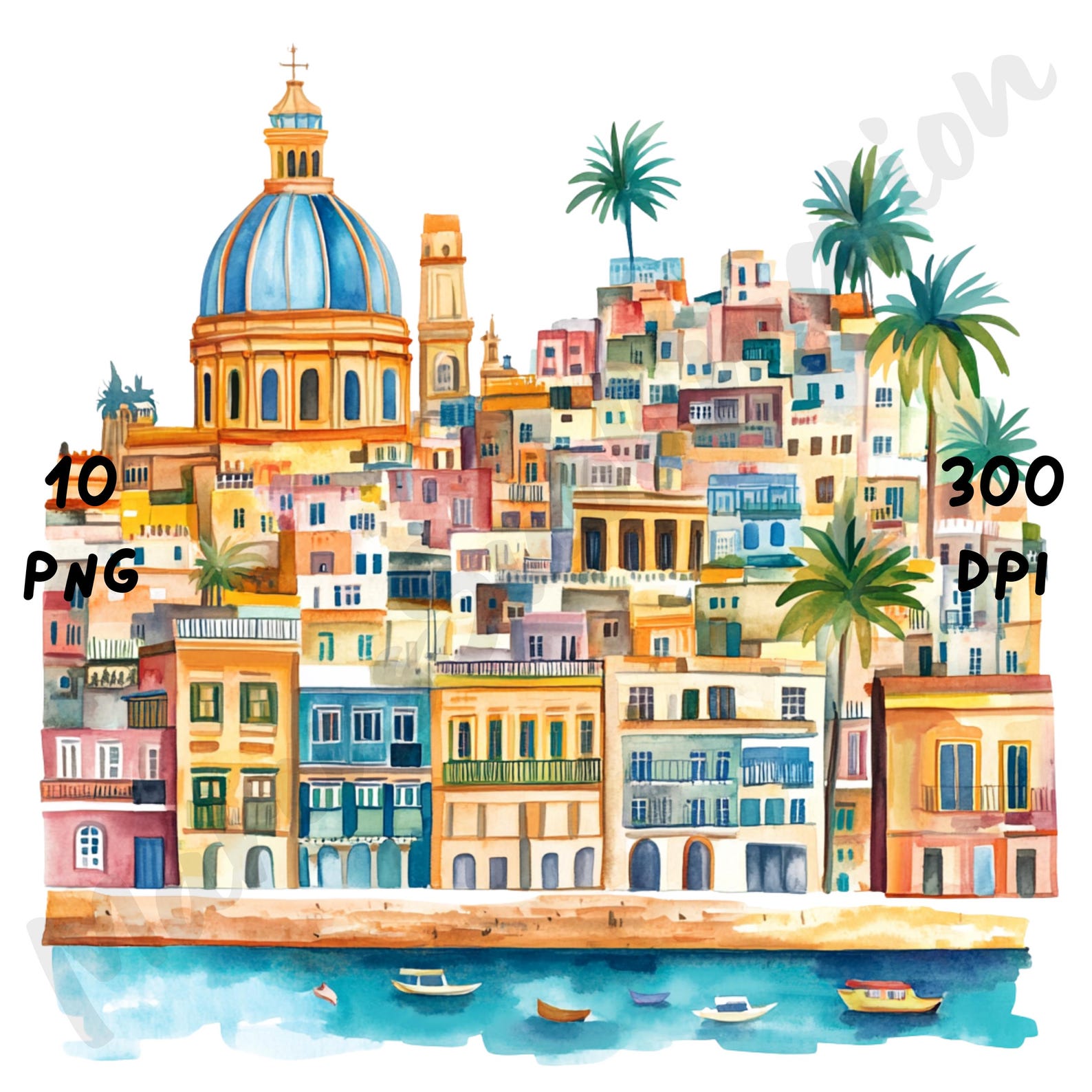 10 PNG Quirky Malta Scene Clipart, Watercolor Malta View, Whimsical ...