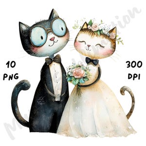 10 PNG Quirky Wedding Cat Couple Clipart, Whimsical Cartoon Cat Lover ...