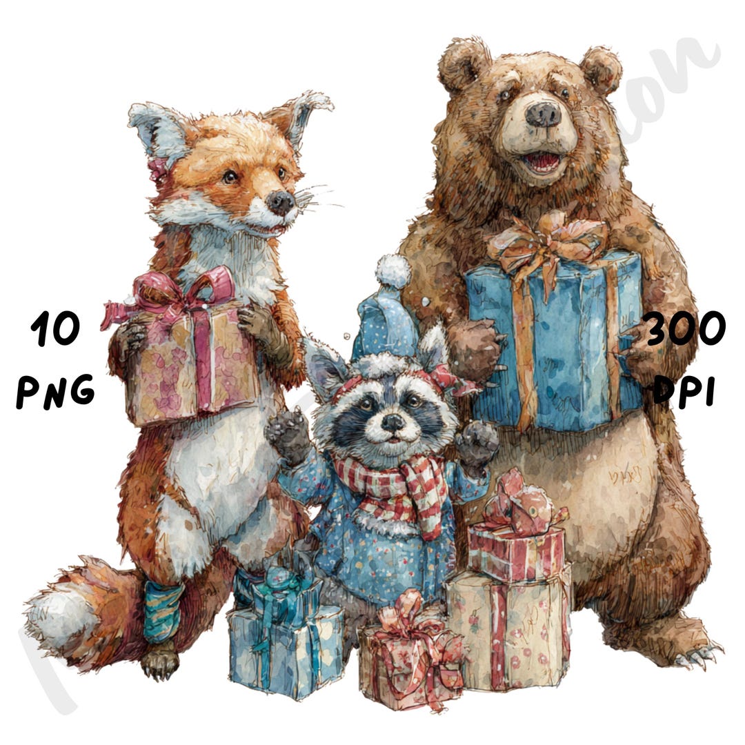 10 PNG Quirky Christmas Animal Friends Clipart, Whimsical Fox Raccoon ...