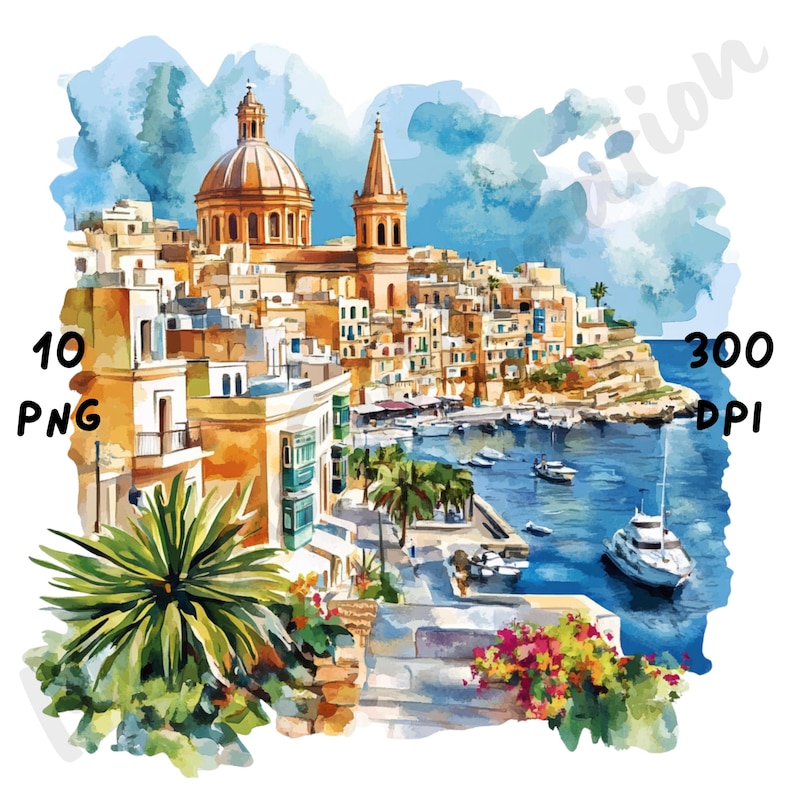 10 PNG Quirky Malta Scene Clipart, Watercolor Malta View, Whimsical ...