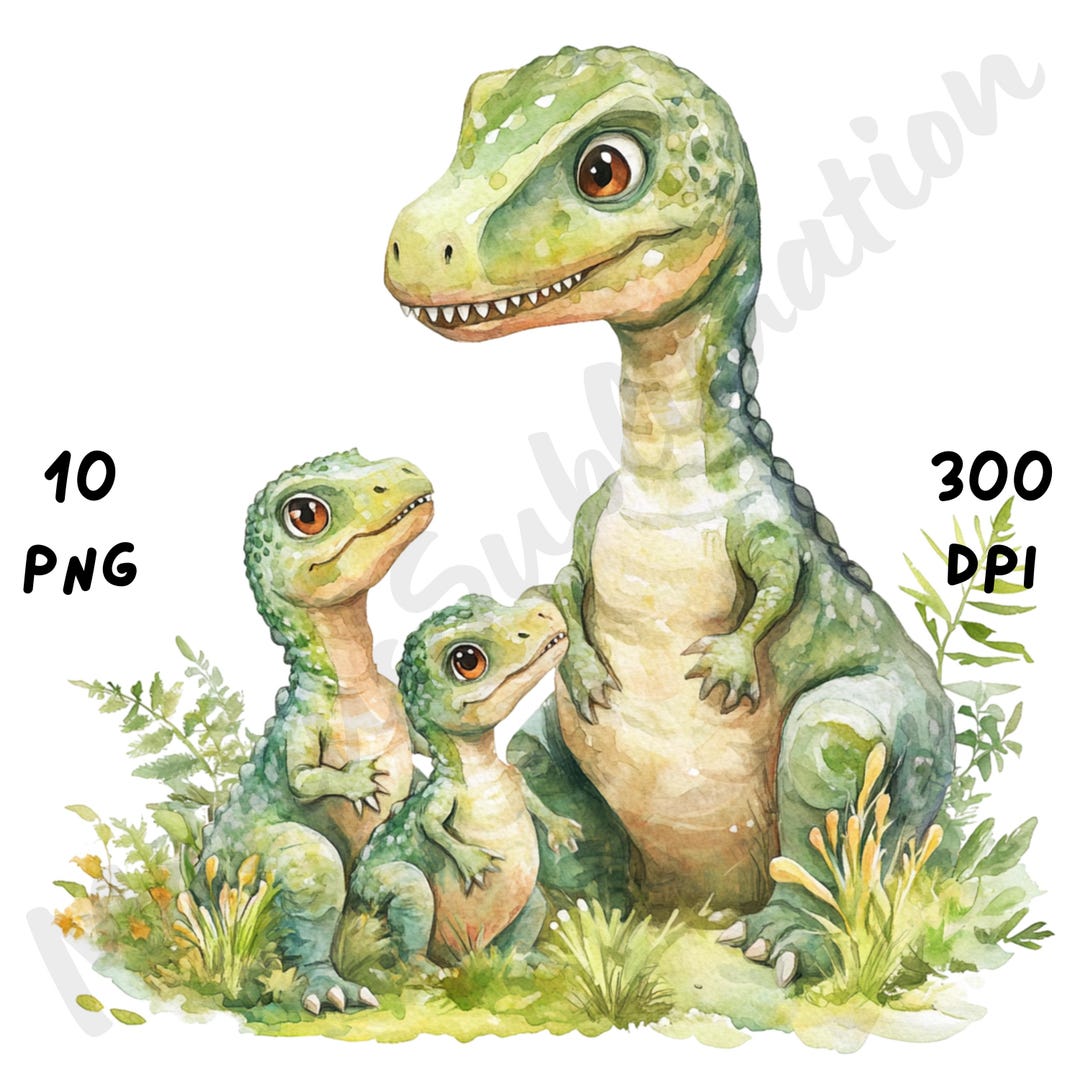 10 PNG Cute Dino Mother Clipart, Watercolor Mom Dinosaur and Her Cubs ...