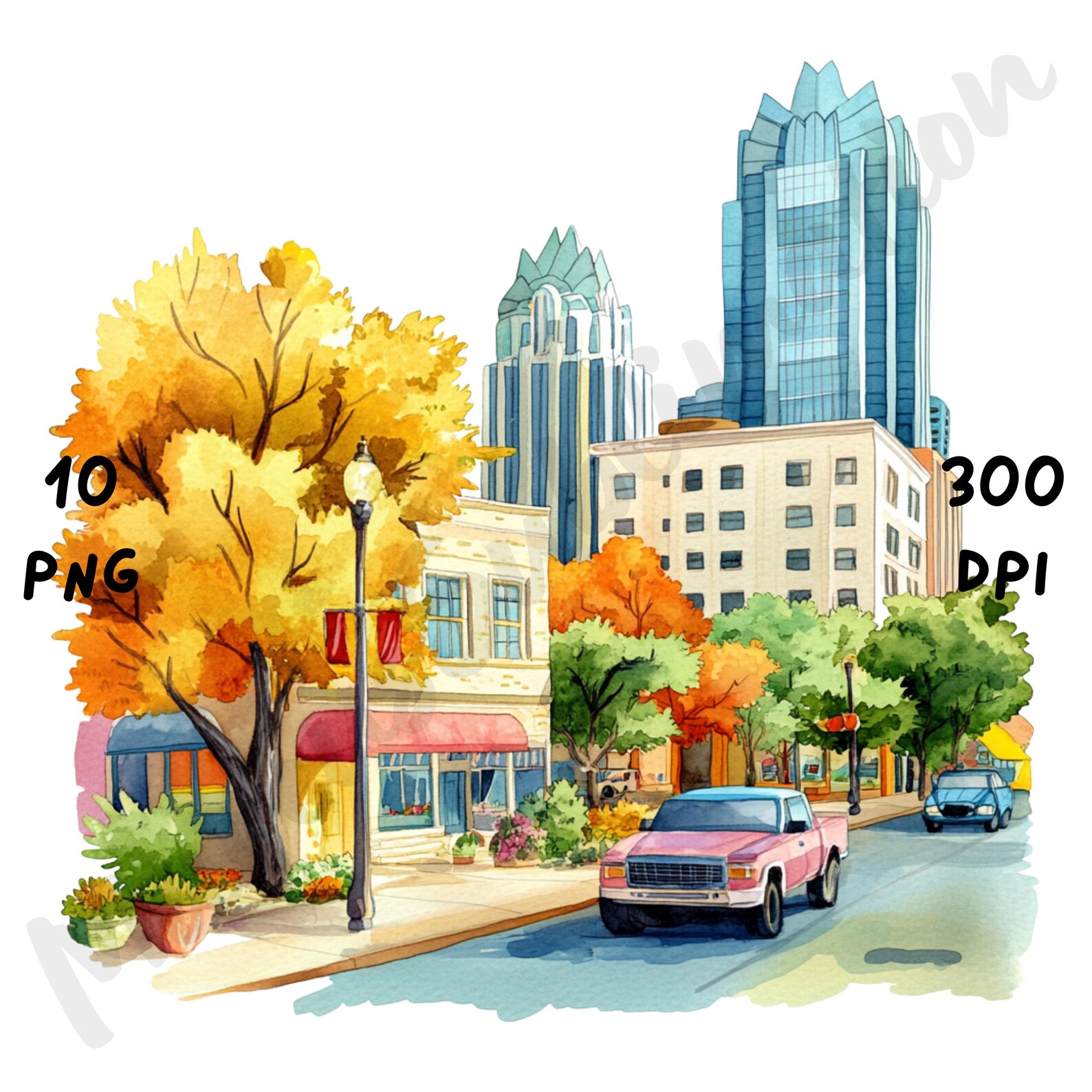 10 PNG Quirky Texas Scene Clipart, Watercolor Dallas Cityscape ...