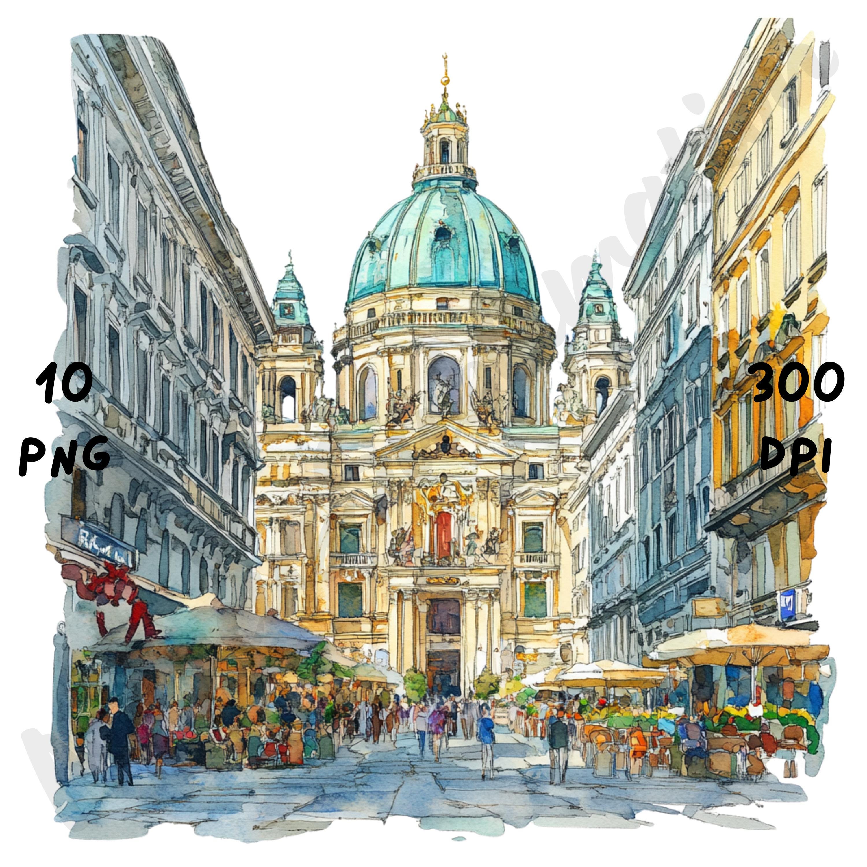 10 PNG Quirky Vienna Scene Clipart, Watercolor City of Vien View ...