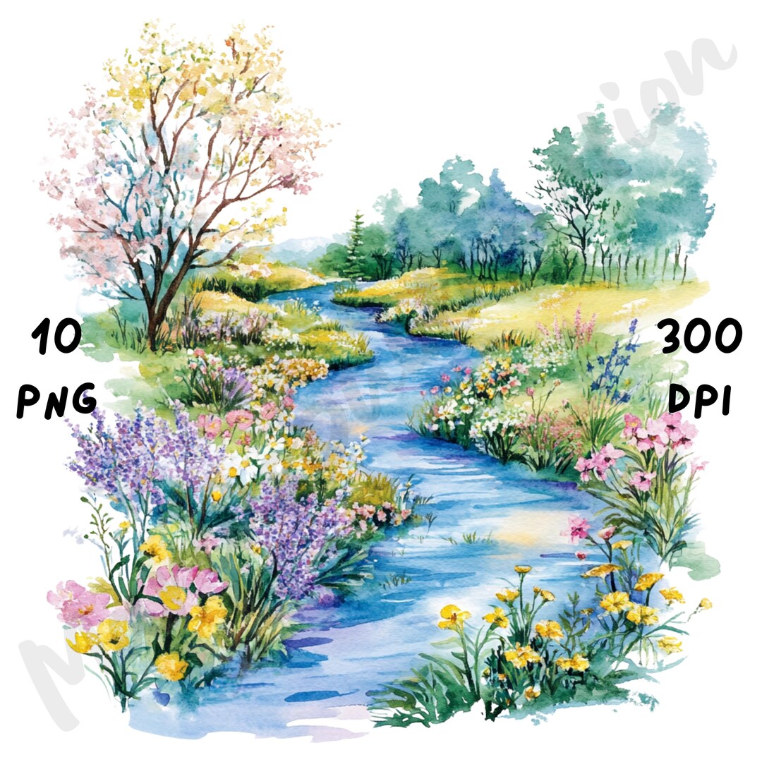 10 PNG Spring River Scene Clipart, Watercolor Spring Landscape, Floral ...