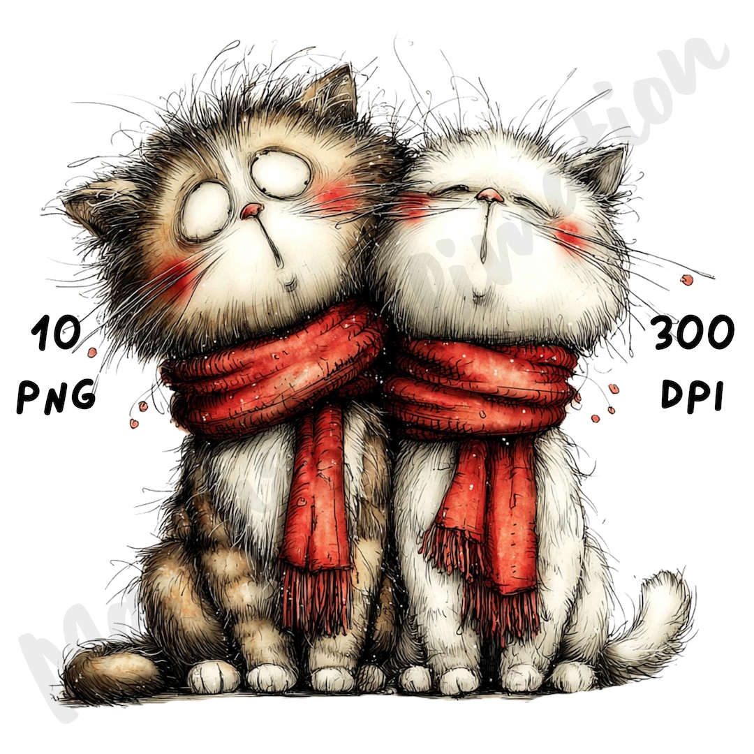 10 PNG Quirky Cat Couple Clipart, Whimsical Valentine's Day Cat Couple ...