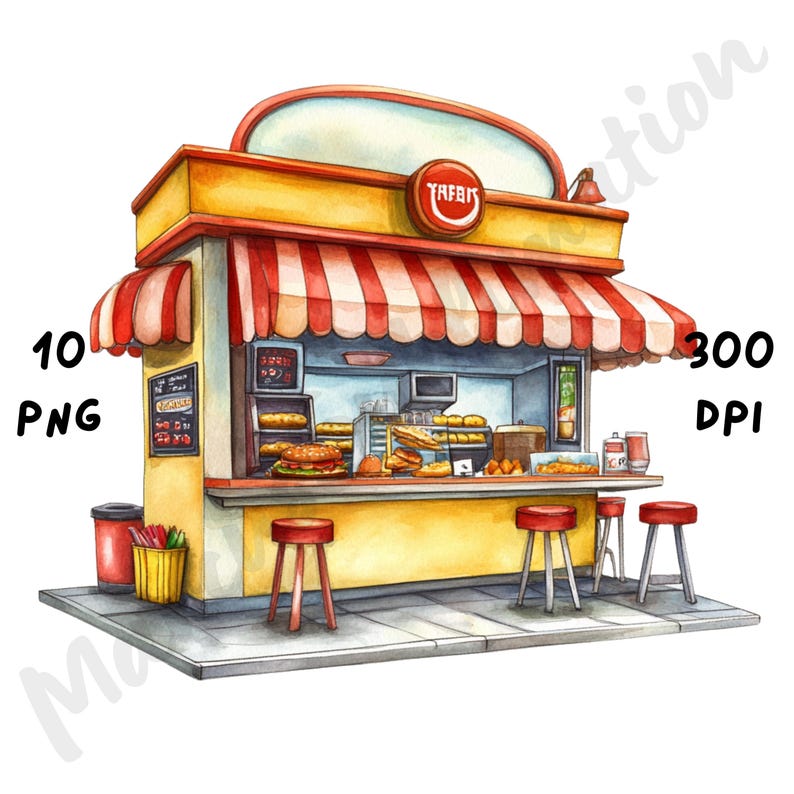 10 PNG Quirky Fast Food Shop Clipart, Whimsical Store Scene, Watercolor ...