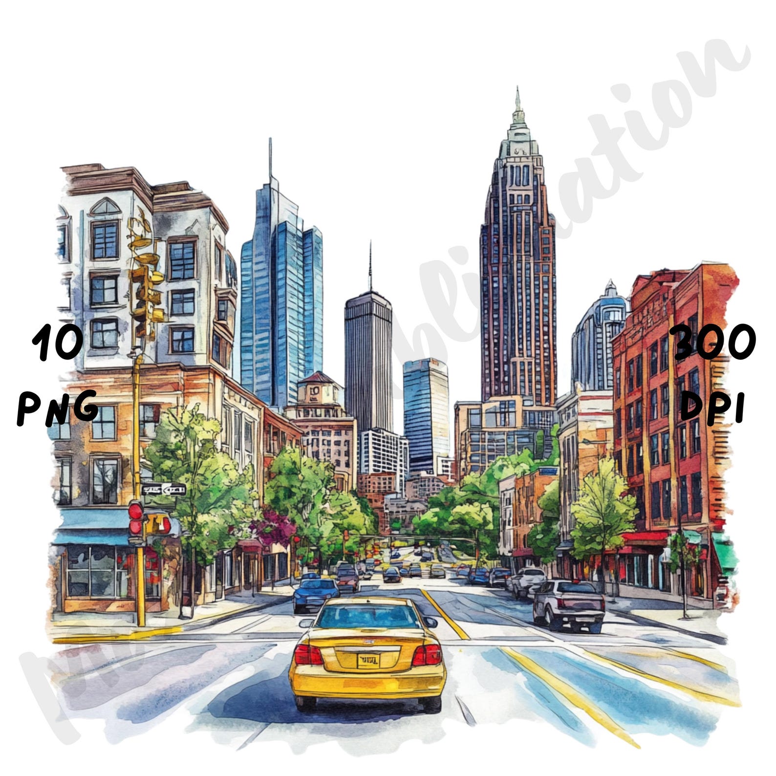 10 PNG Quirky Atlanta Scene Clipart, Watercolor Atlanta Cityscape ...
