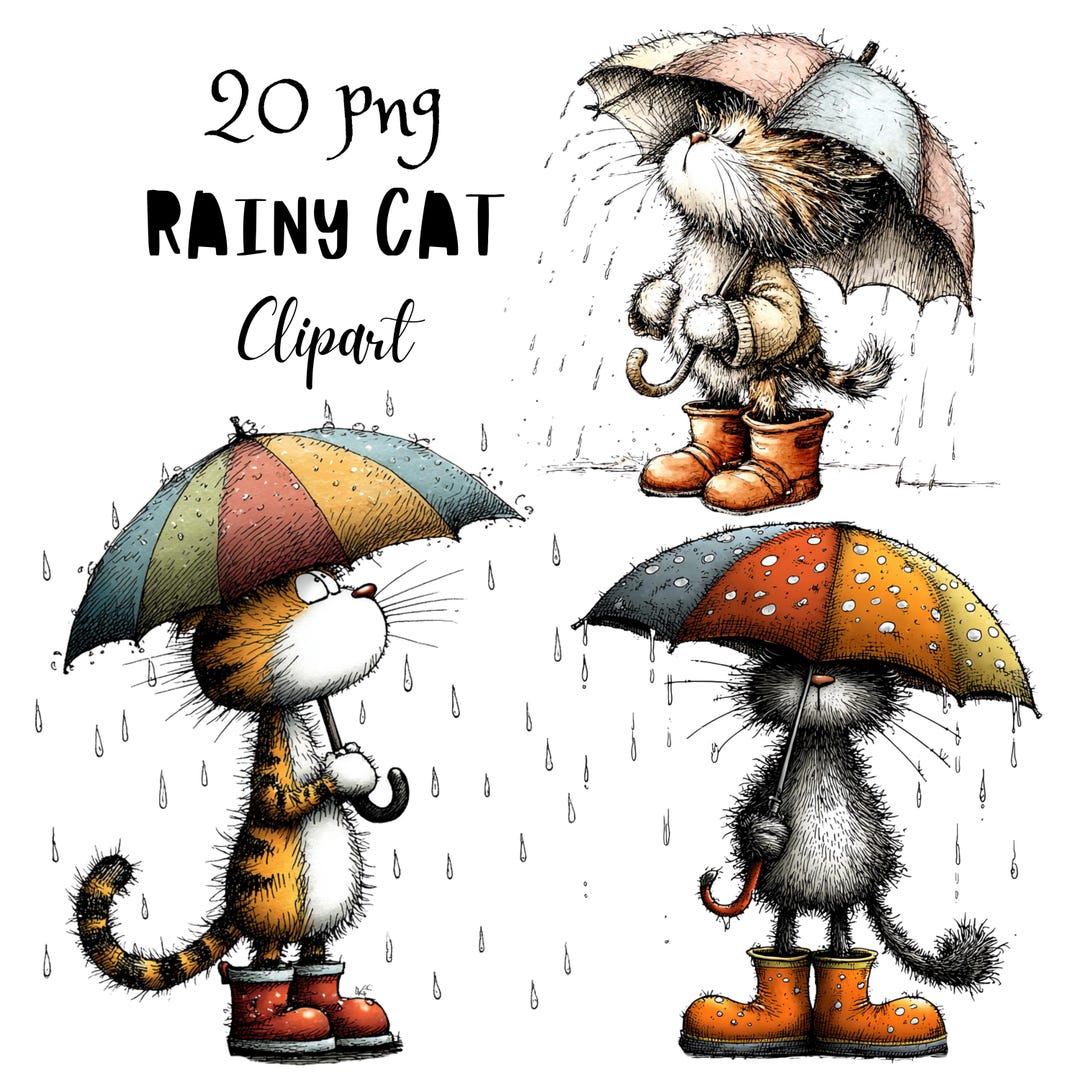 Rainy Cat Whimsical Clipart Bundle, Funny Spring Rain Animal Character ...