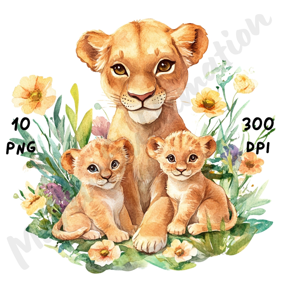 10 PNG Cute Lion Mother Clipart, Watercolor Mom Lion and Her Cubs ...