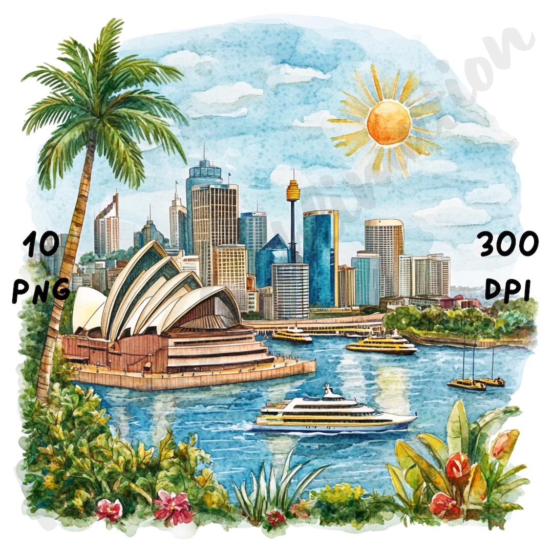 10 PNG Quirky Sydney Scene Clipart, Watercolor City of Sydney View ...