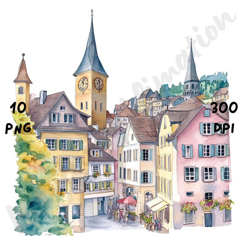 10 PNG Quirky Zurich Scene Clipart, Watercolor Swiss City View ...
