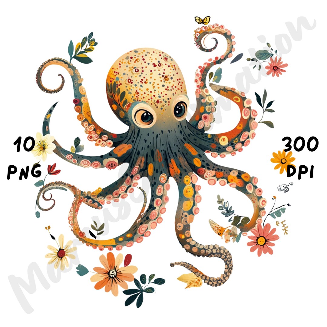 10 PNG Folk Art Octopus Clipart – Watercolor Scandinavian Summer ...