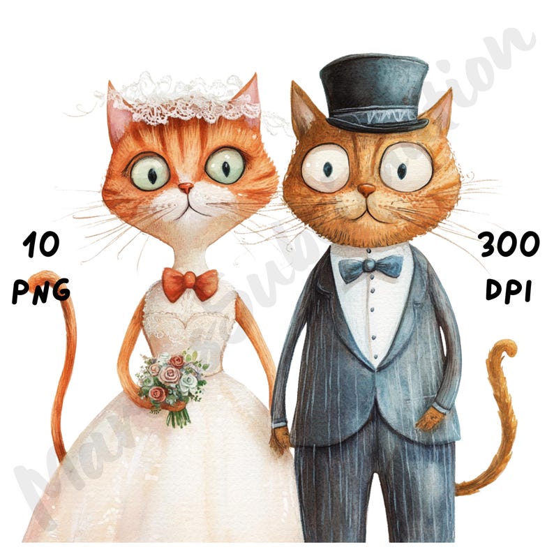 10 PNG Quirky Wedding Cat Couple Clipart, Whimsical Cartoon Cat Lover ...