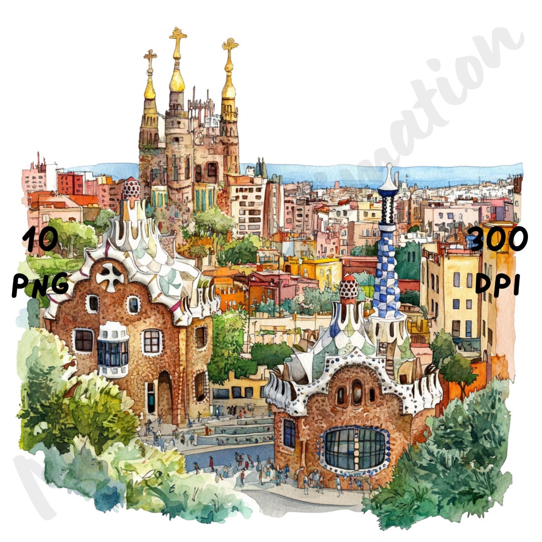 10 PNG Quirky Barcelona Scene Clipart, Watercolor Barcelona Cityscape ...