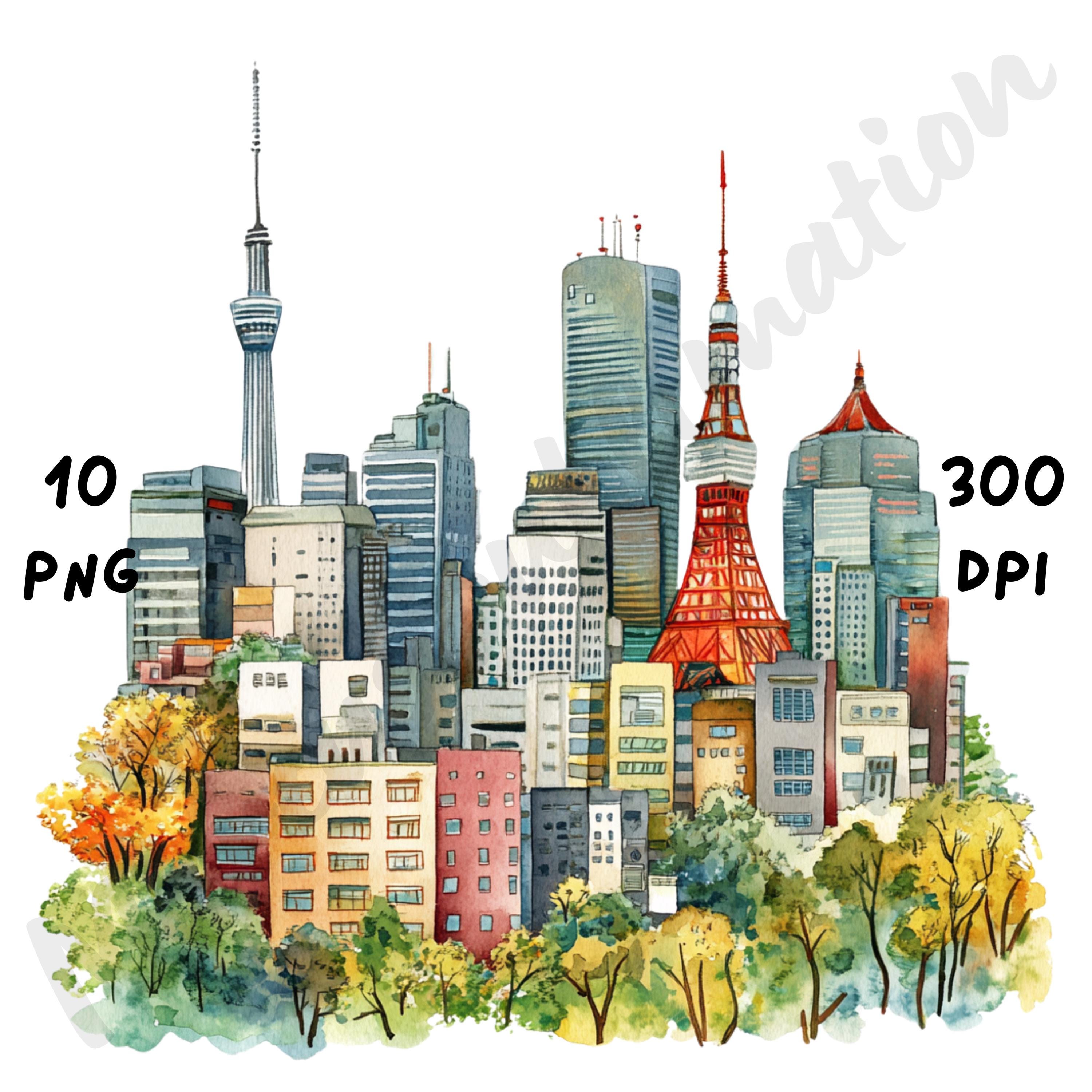 10 PNG Quirky Tokyo Scene Clipart, Watercolor City of Tokio View ...