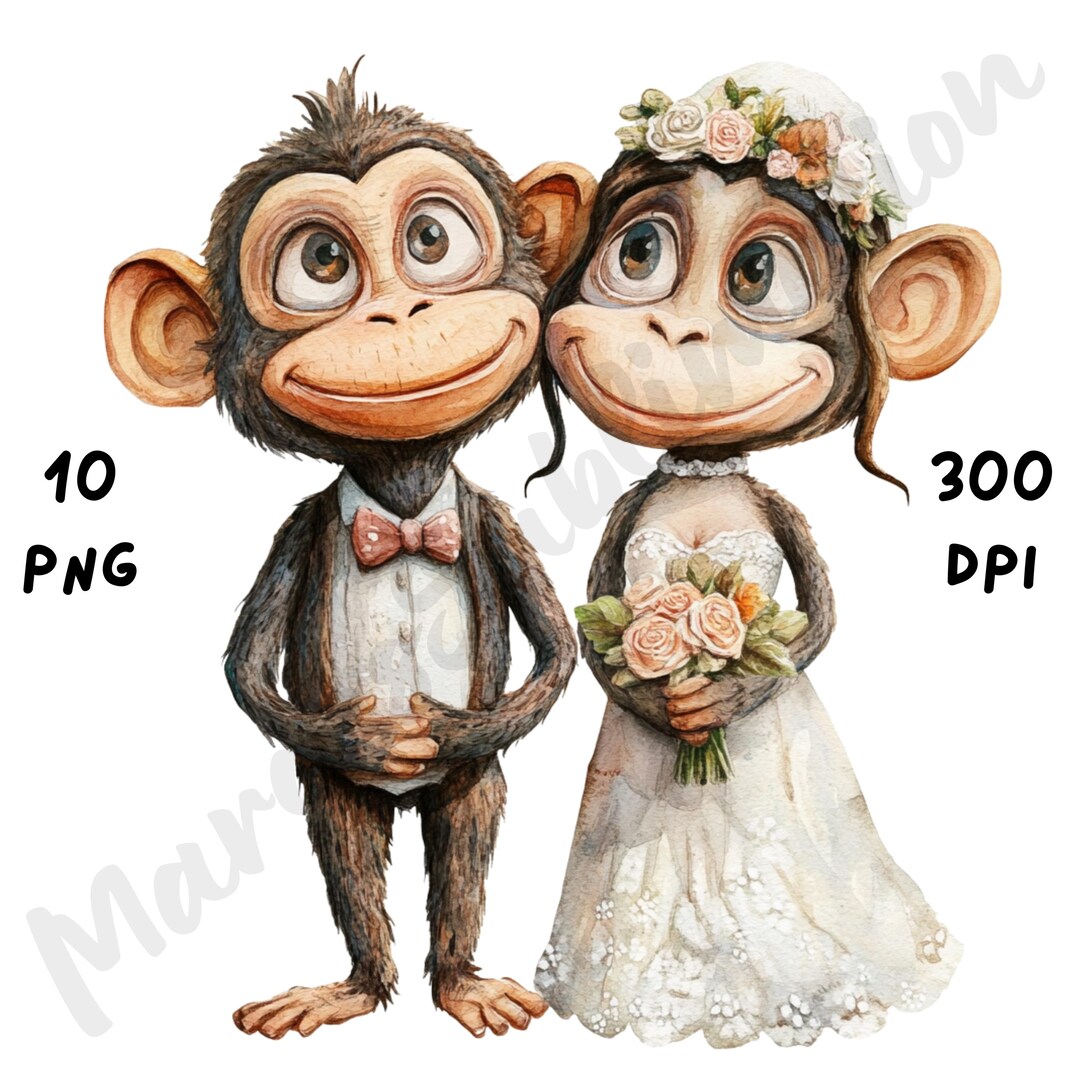 10 PNG Quirky Wedding Monkey Couple Clipart, Whimsical Cartoon Animal ...