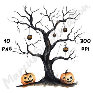 10 PNG Quirky Halloween Bare Tree Clipart, Watercolor Cartoon Tree ...