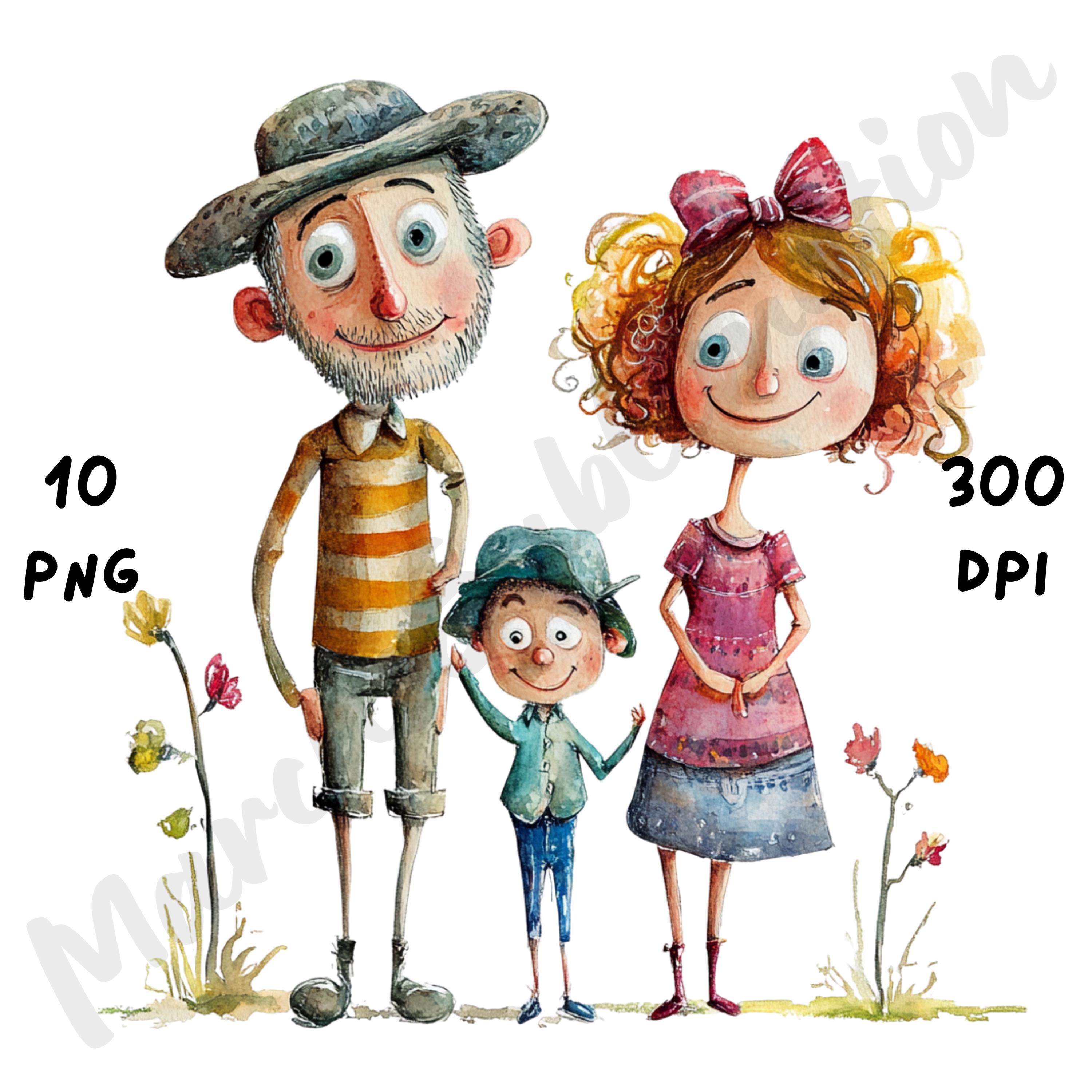 10 PNG Quirky Family Clipart, Whimsical Cartoon Siblings, Watercolor ...