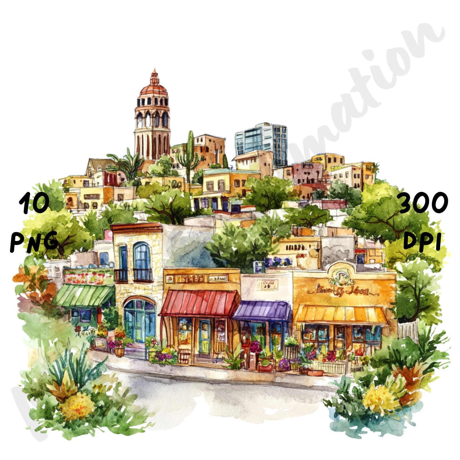 10 PNG Quirky Texas Scene Clipart, Watercolor Dallas Cityscape ...