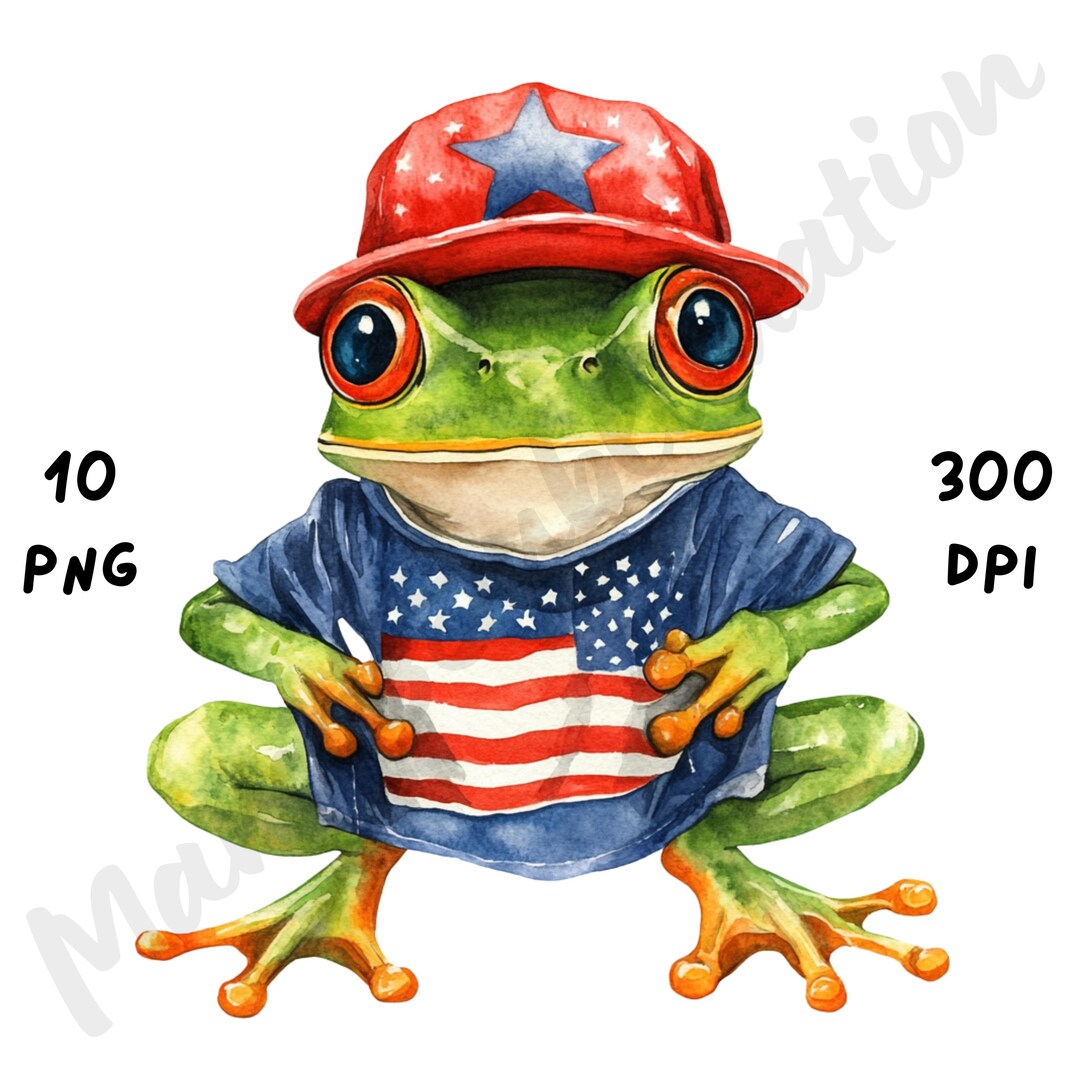 10 PNG 4th of July Frog Clipart, Watercolor American Patriotic Animal ...