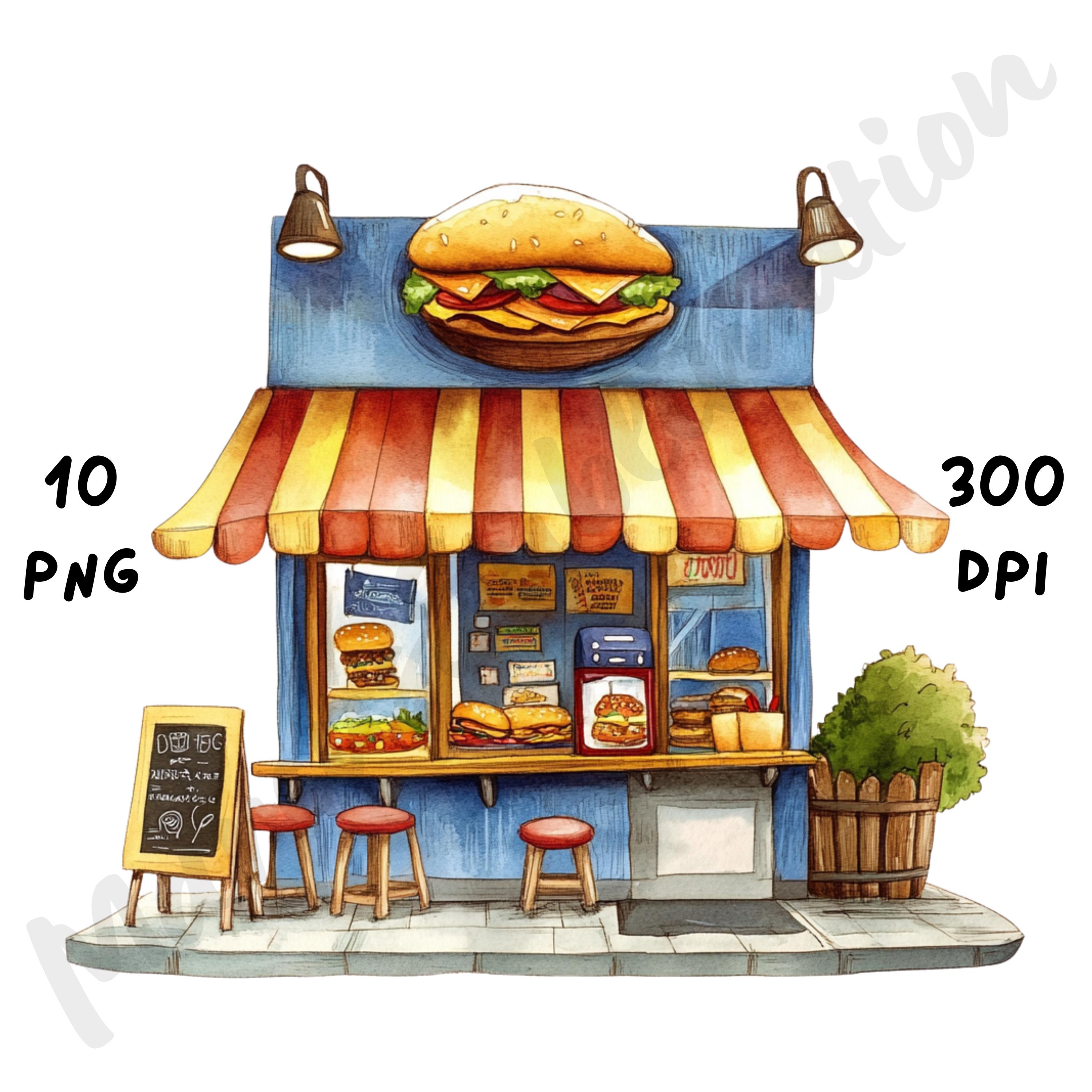 10 PNG Quirky Fast Food Shop Clipart, Whimsical Store Scene, Watercolor ...