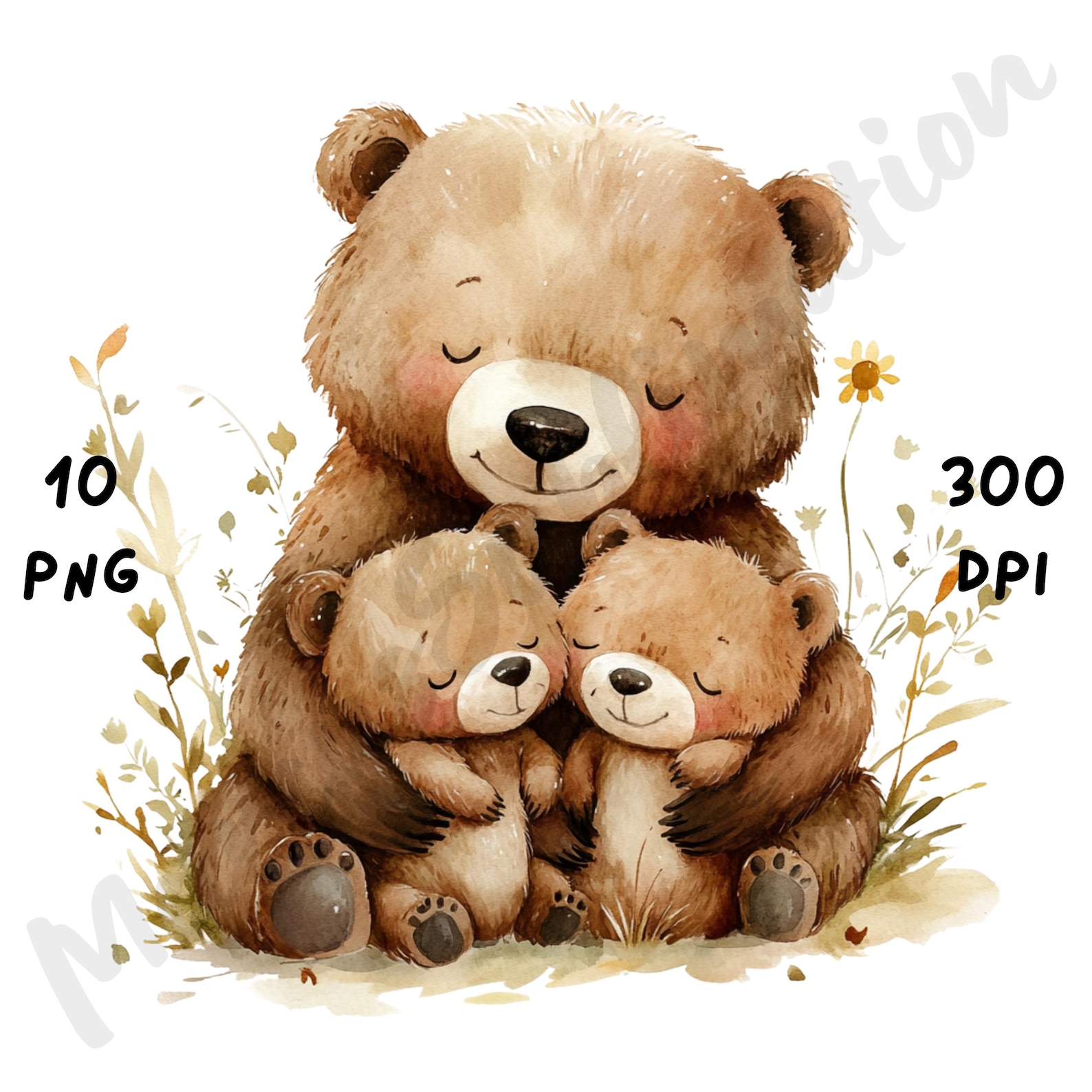 10 PNG Cute Bear Mother Clipart, Watercolor Mom Bear and Her Cubs ...