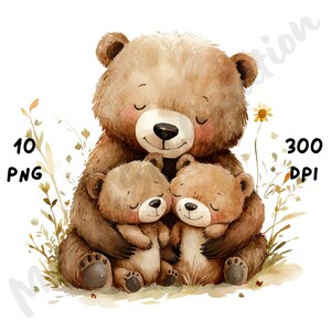 10 PNG Cute Bear Mother Clipart, Watercolor Mom Bear and Her Cubs ...