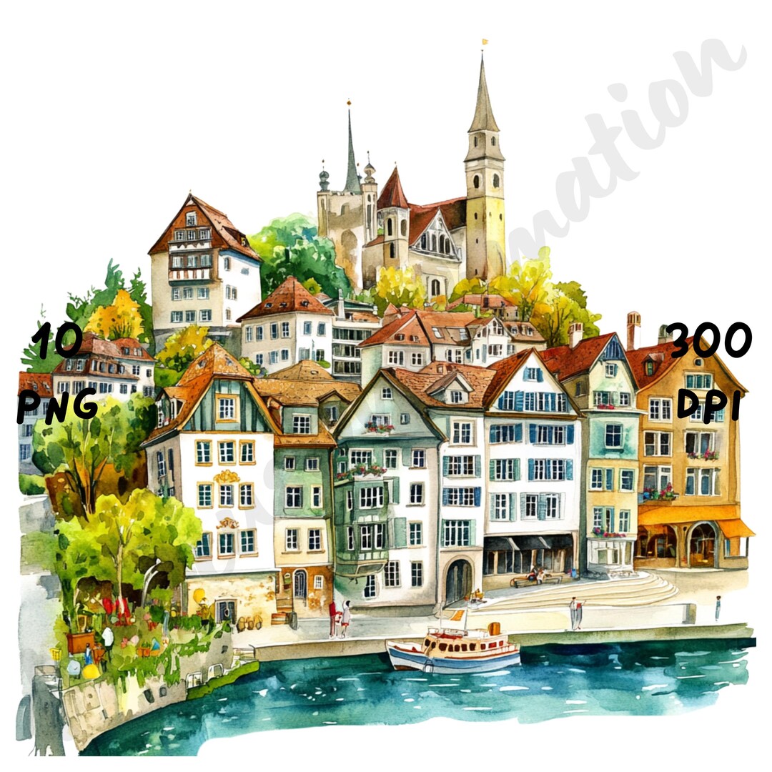 10 PNG Quirky Zurich Scene Clipart, Watercolor Swiss City View ...