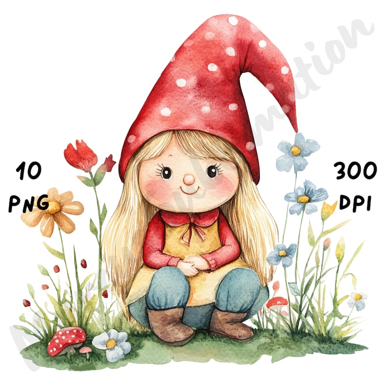 10 PNG Quirky Garden Gnome Girl Clip Art, Watercolor Cartoon Gnome ...