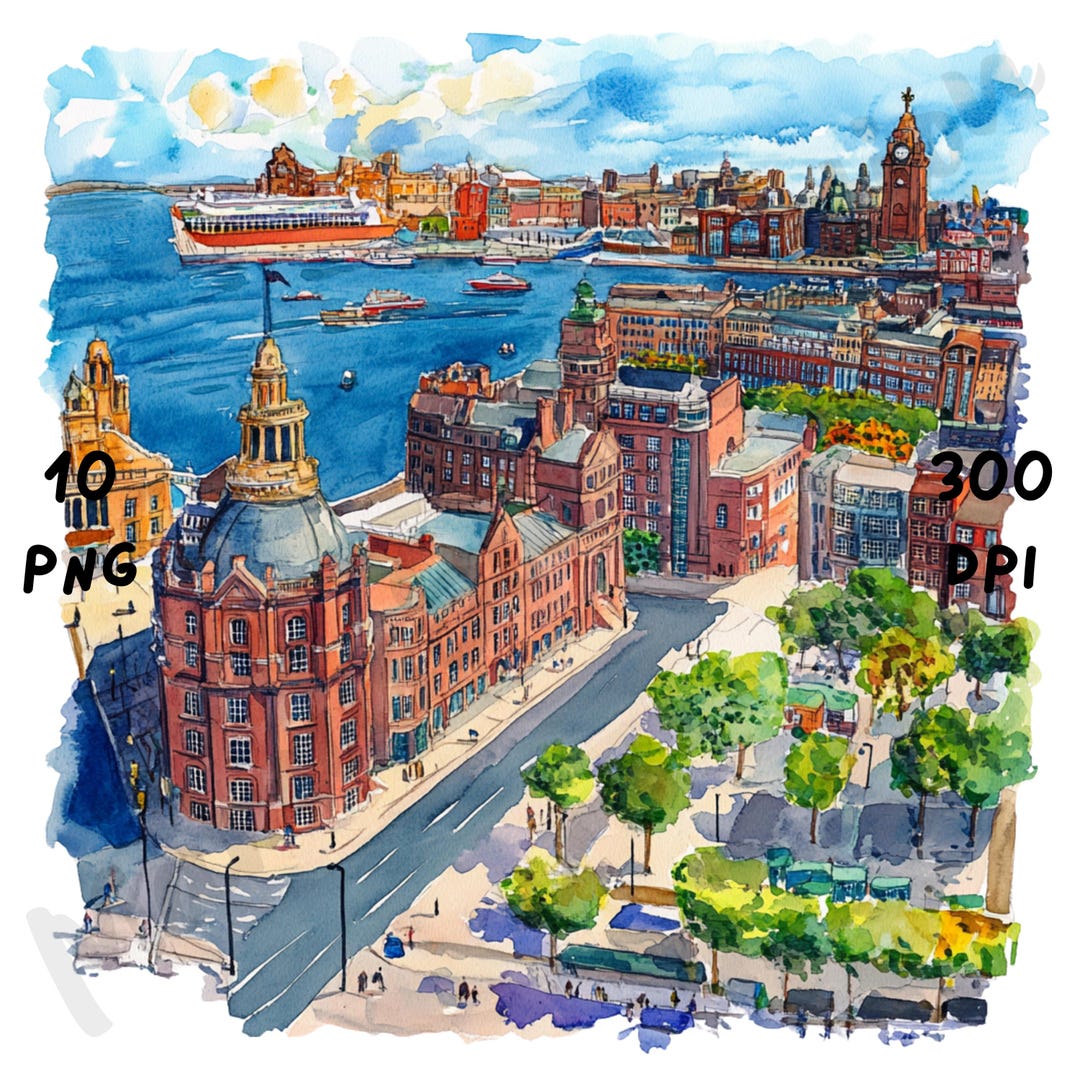 10 PNG Quirky Liverpool Scene Clipart, Watercolor British View ...