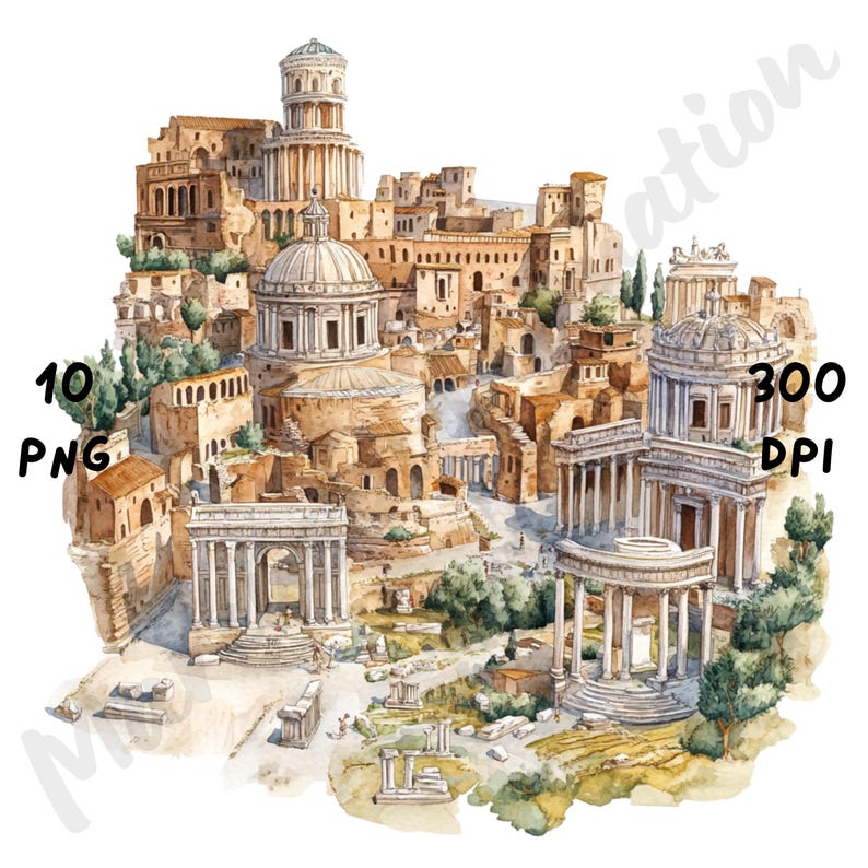 10 PNG Quirky Ancient Rome Scene Clipart, Watercolor Rome Cityscape ...