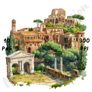 10 PNG Quirky Ancient Rome Scene Clipart, Watercolor Rome Cityscape ...