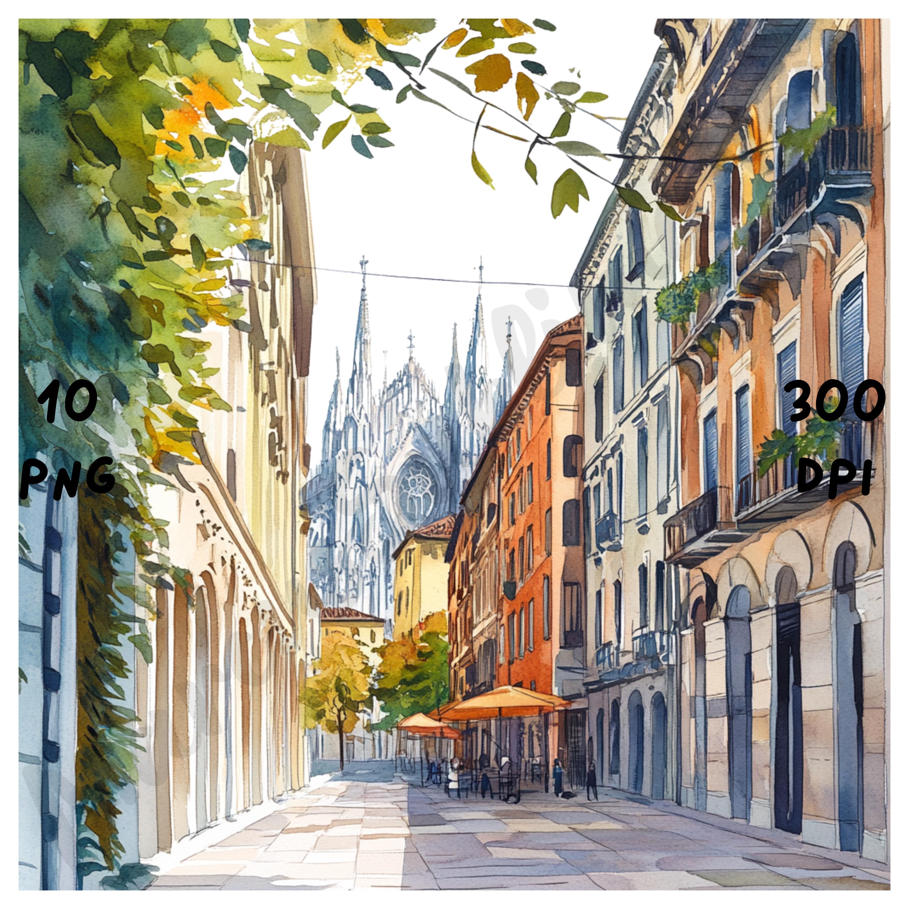 10 PNG Quirky Milan Scene Clipart, Watercolor City of Milano View ...