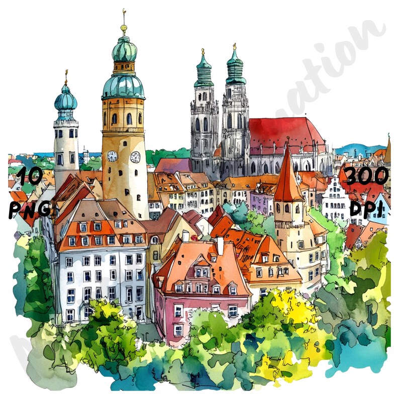 10 PNG Quirky Munich Scene Clipart, Watercolor City of Munich View ...