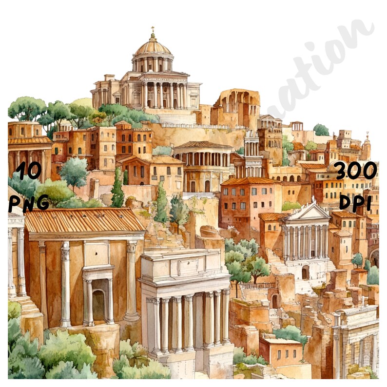 10 PNG Quirky Ancient Rome Scene Clipart, Watercolor Rome Cityscape ...