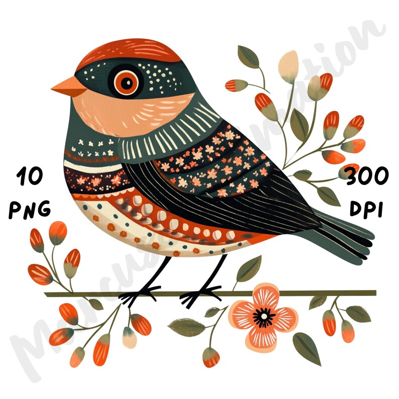 Scandinavian Folk Art Bird Clipart PNG – 10 Spring Blossom Birds on ...