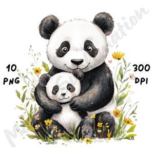 10 PNG Cute Panda Mother Clipart, Watercolor Mom Panda and Her Cubs ...