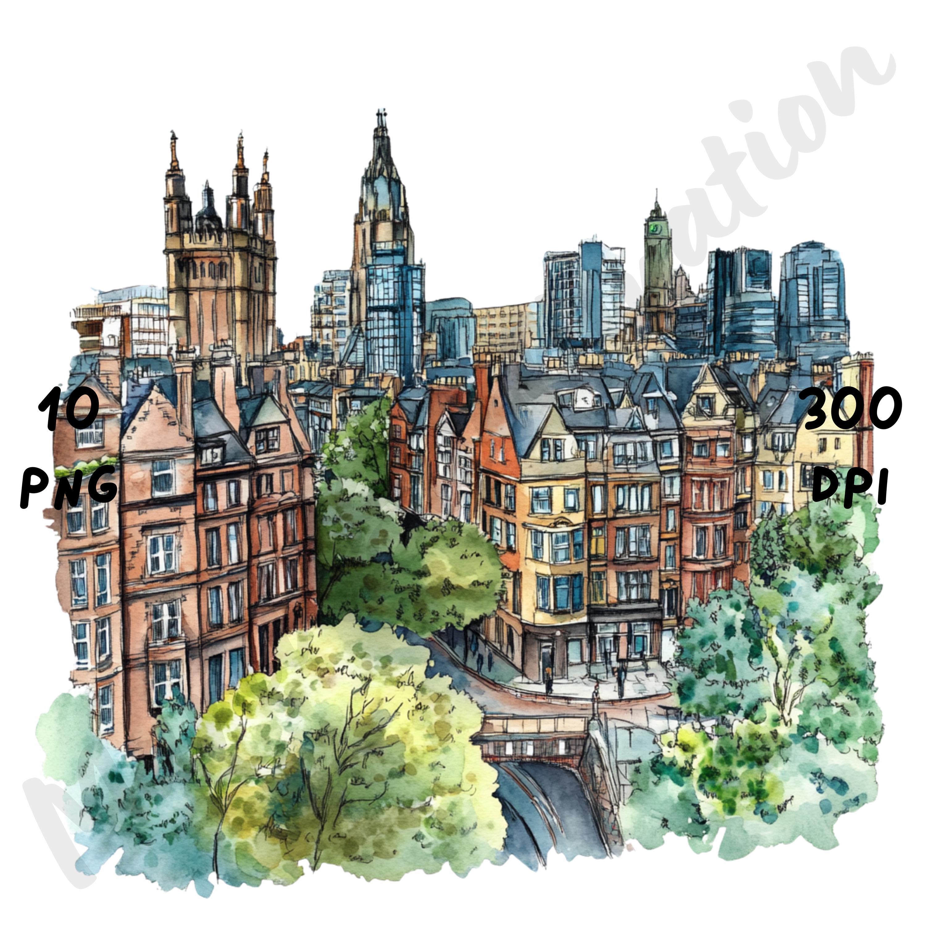 10 PNG Quirky Manchester Scene Clipart, Watercolor British View ...