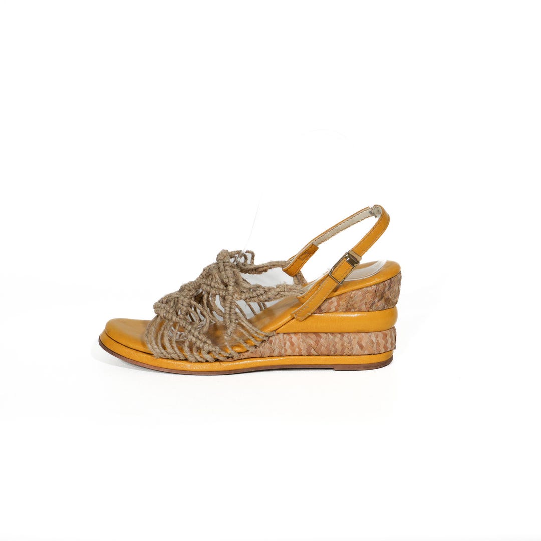 Vintage 70s Sandals Macrame Wedges 1960s 1970s Lemon Yellow Basket ...