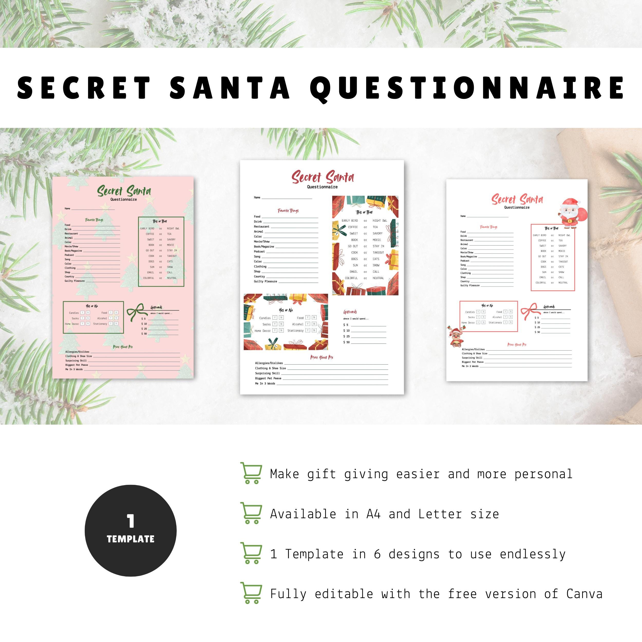 Secret Santa Questionnaire: Printable Christmas Wish List (canva ...