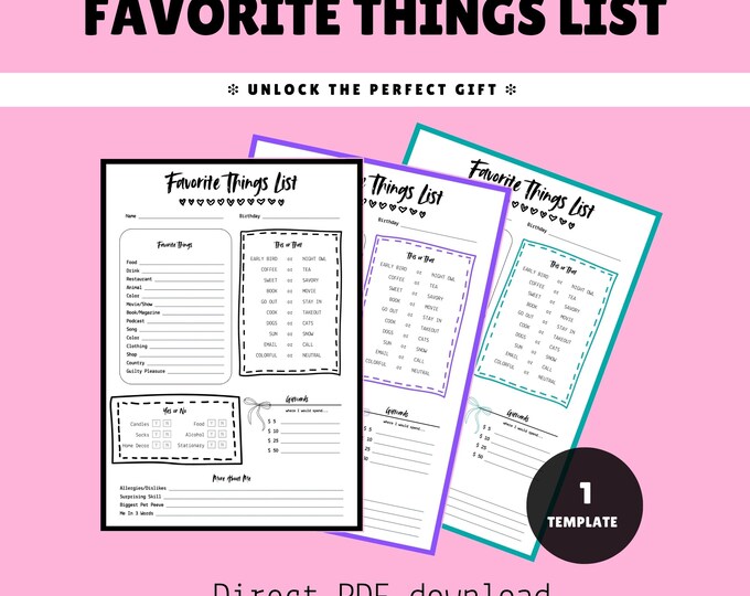 Printable Favorite Things List: Get to Know You Survey (PDF) - Etsy Canada
