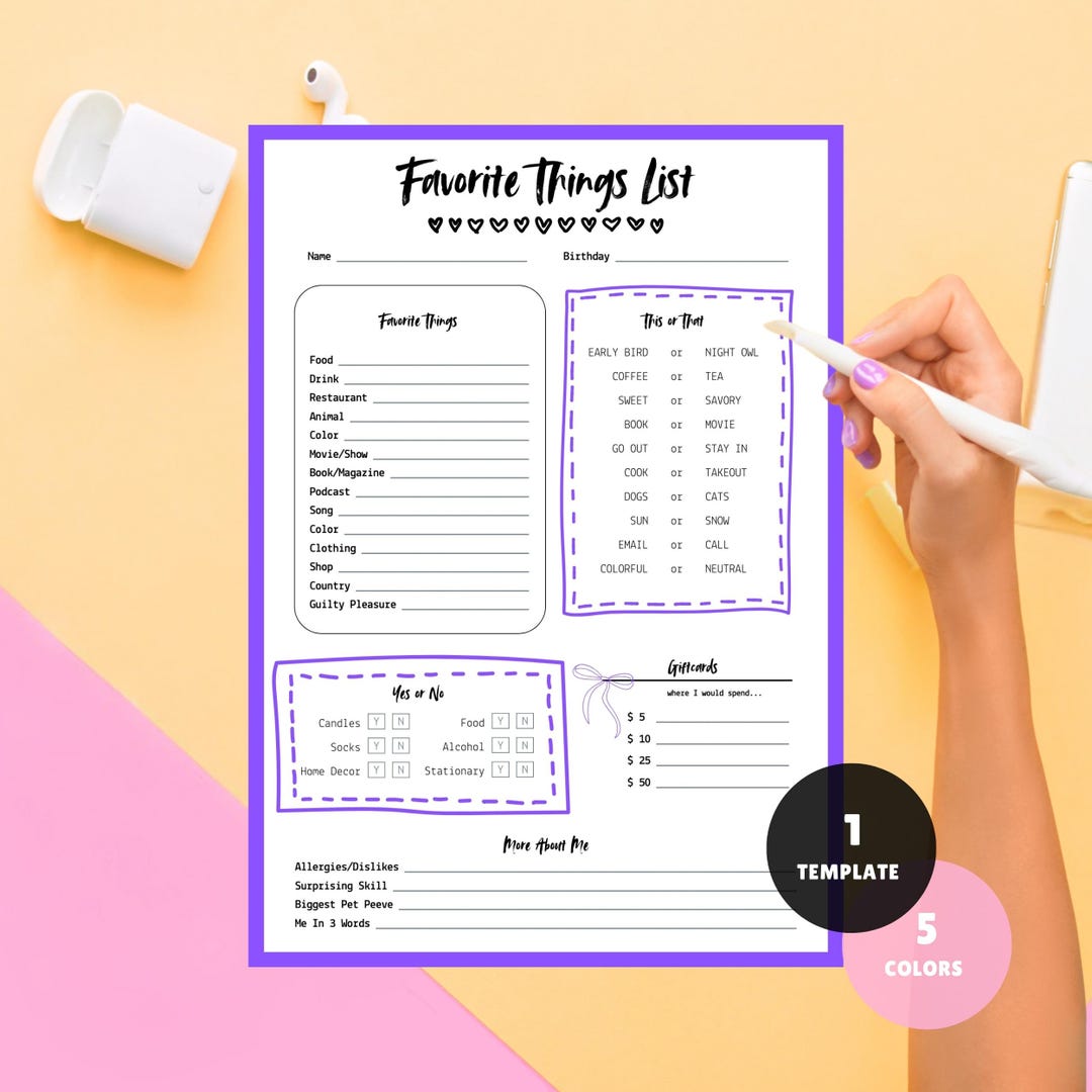 Favorite Things List | Printable Favorites List | My Favorite Things - Etsy