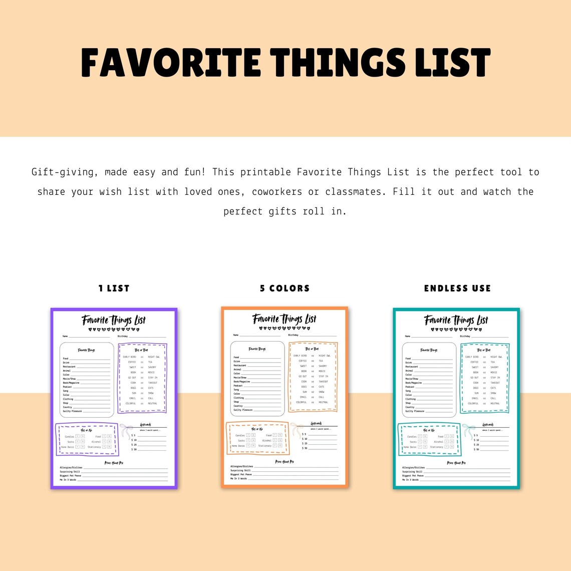 Printable Favorite Things List: Gift Wishlist (digital Download) - Etsy