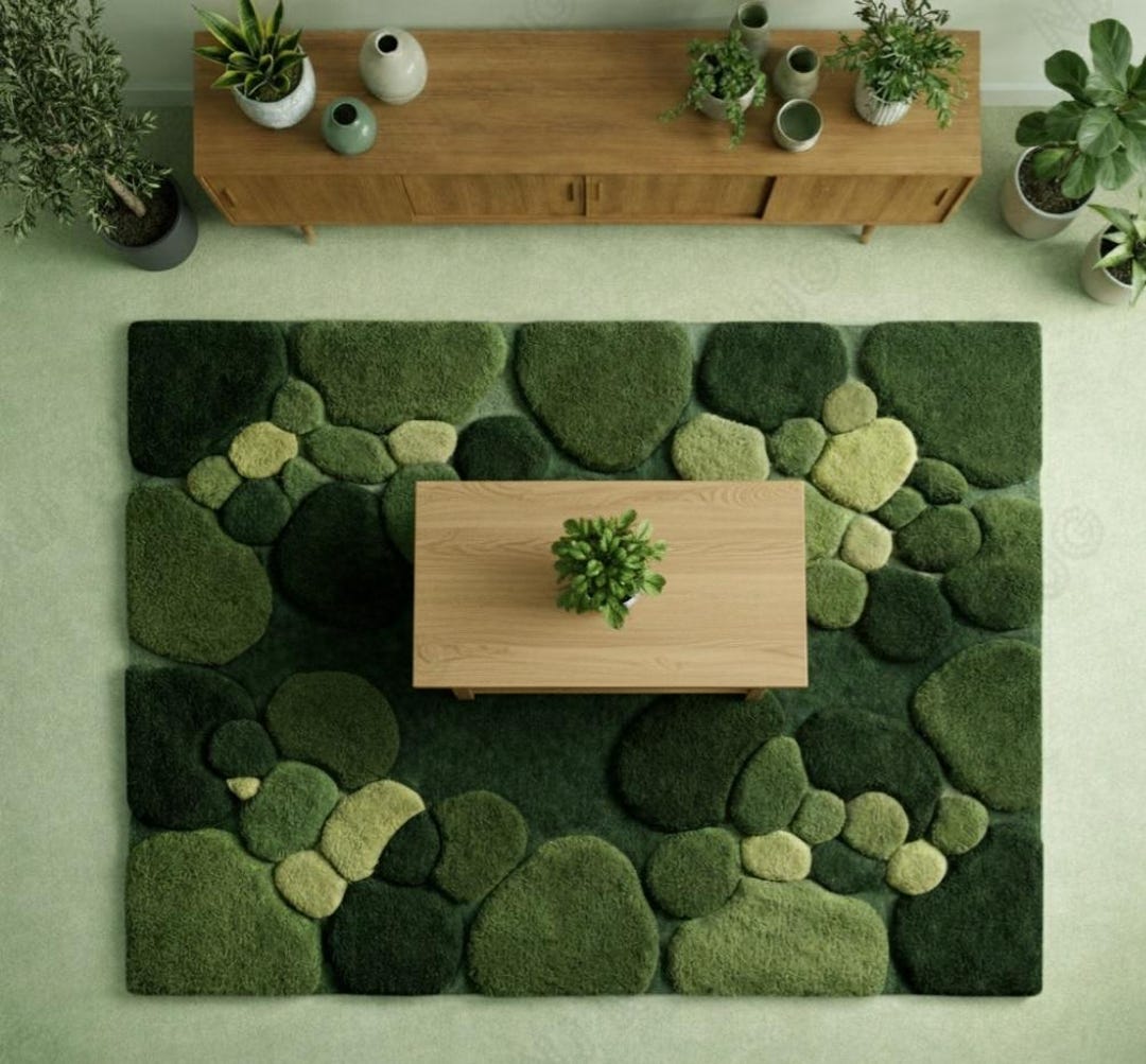 Moss Green Rug Pebble 3D Hand Tufted Wool Rug, Luxury Thick Pile Stone ...