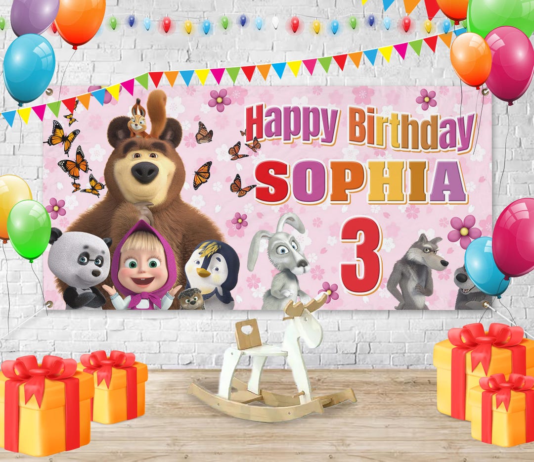 Custom Masha & the Bear Birthday Backdrop, Masha and the Bear Birthday ...