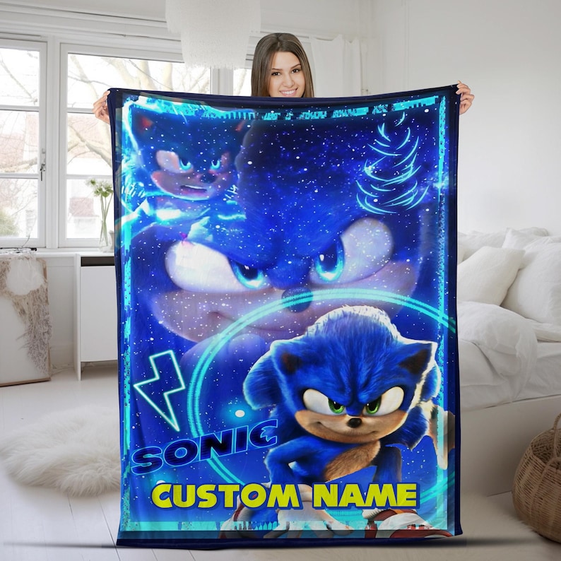 Personalized Sonic the Hedgehog Sherpa Fleece Blanket, Custom Name ...