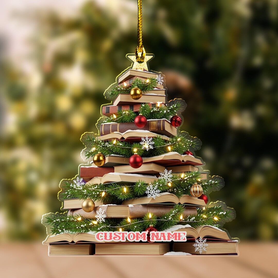 Custom Christmas Book Tree Name Ornament, Book Christmas Tree Book ...