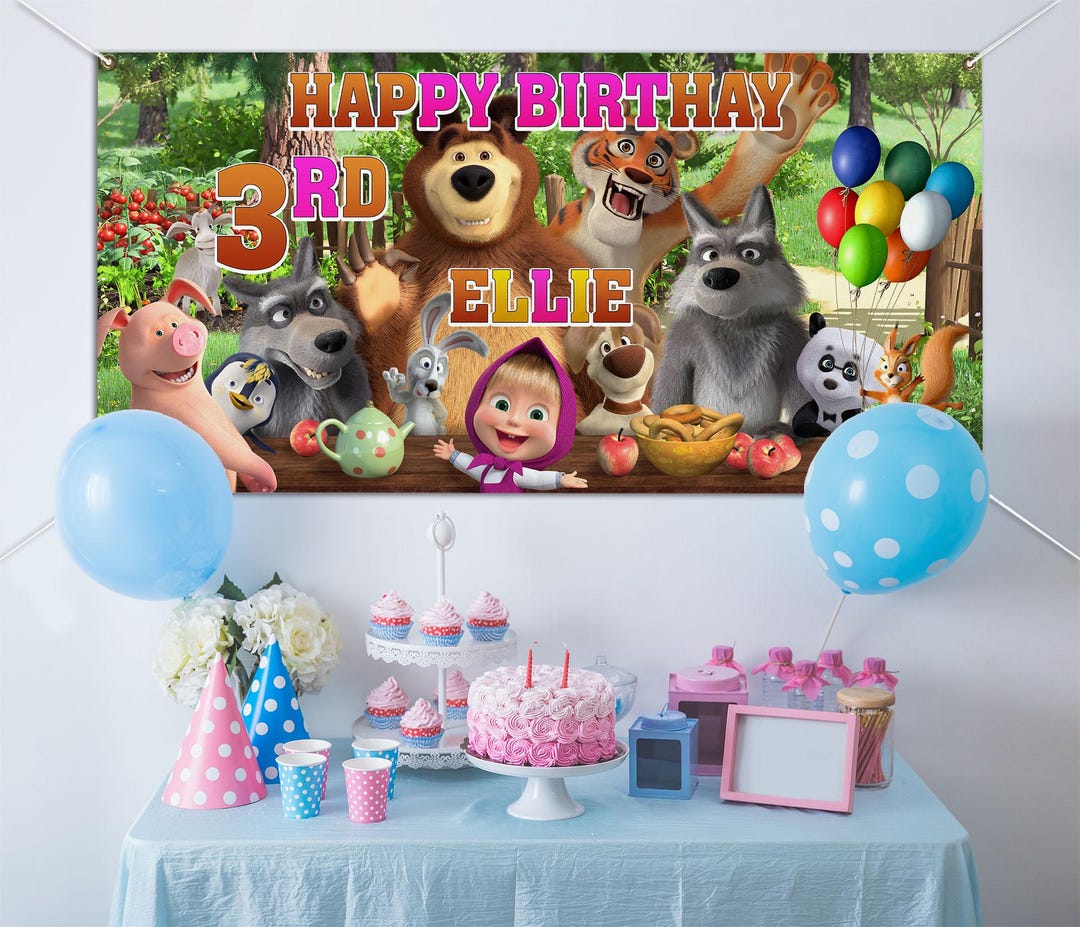 Masha and the Bear Birthday Banner, Custom Party Backdrop, Personalized ...
