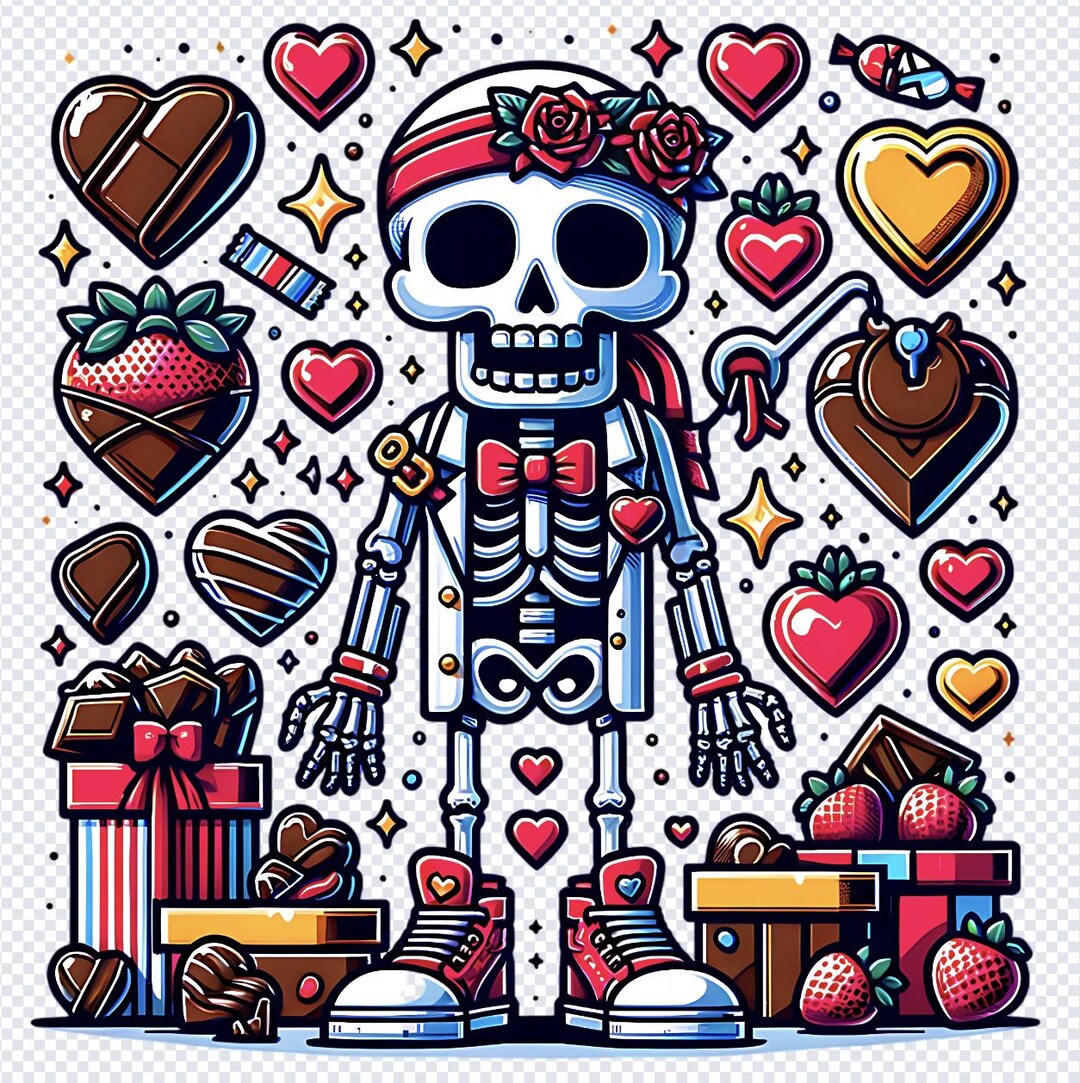 Ugly Valentine's Skeleton Clip Art PNG | Kawaii Hearts Skull Cartoon ...