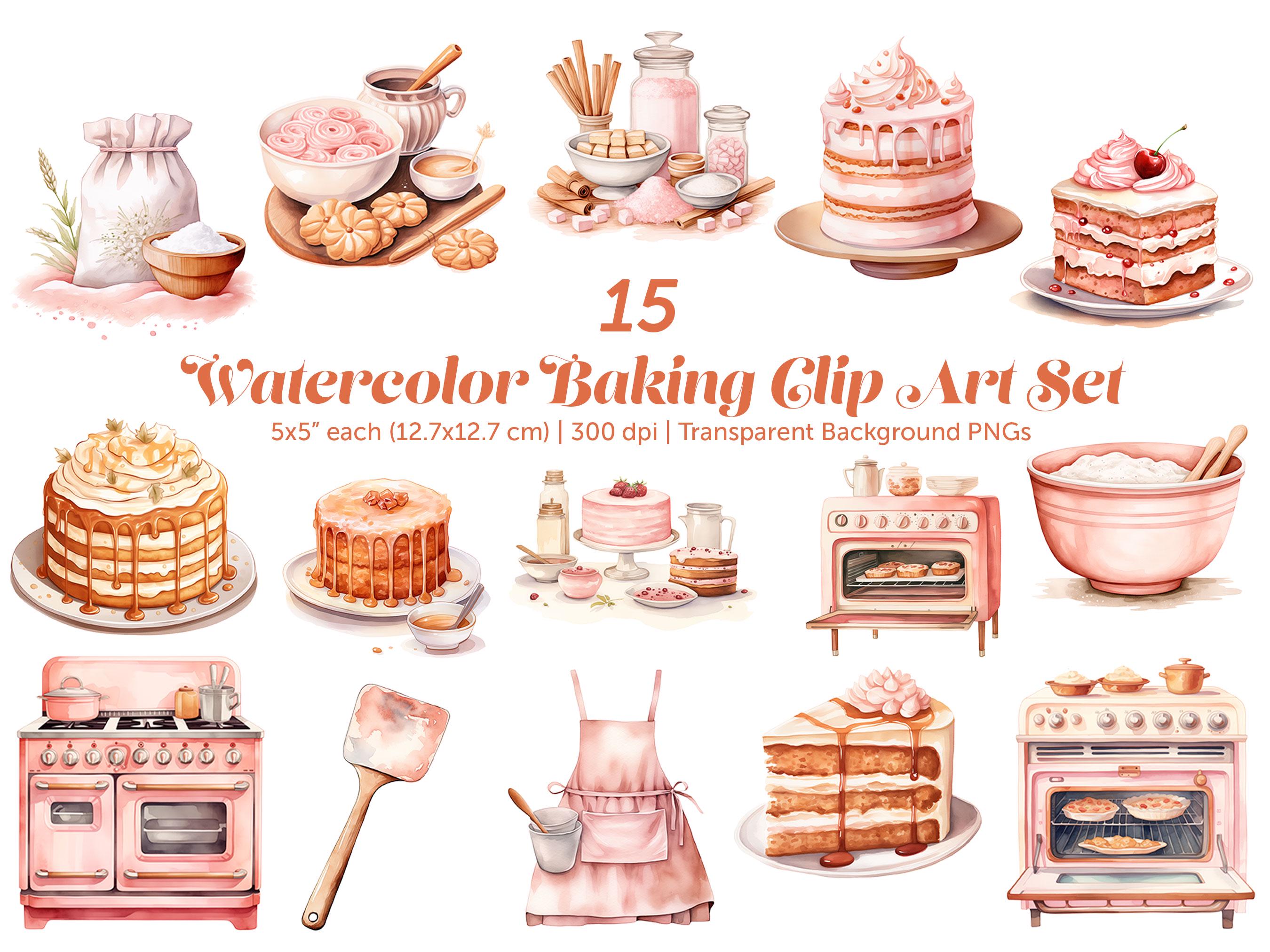 Watercolor Baking Clipart PNG Bundle Set, Baking Supplies, Home Bakery ...